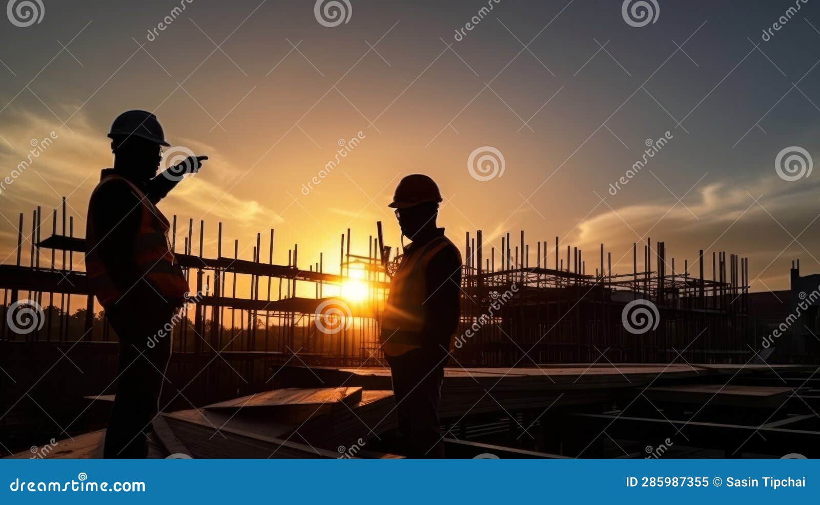 Silhouette of Engineer and Worker Checking Project at Building Site ...