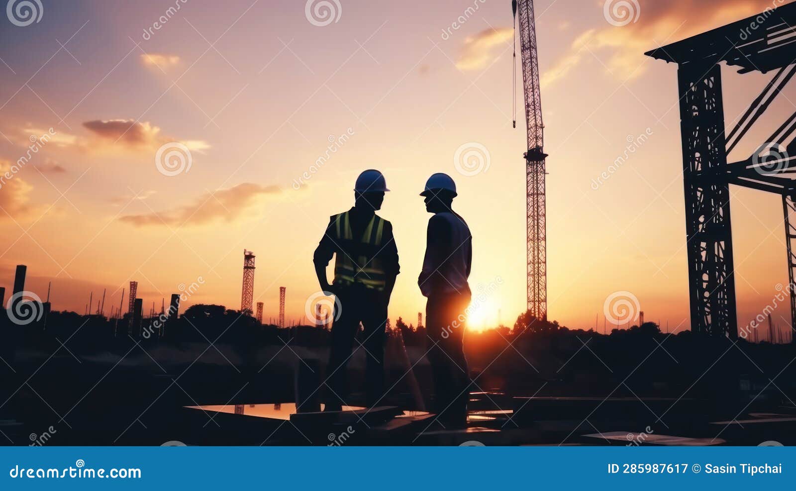 Silhouette of Engineer and Worker Checking Project at Building Site ...