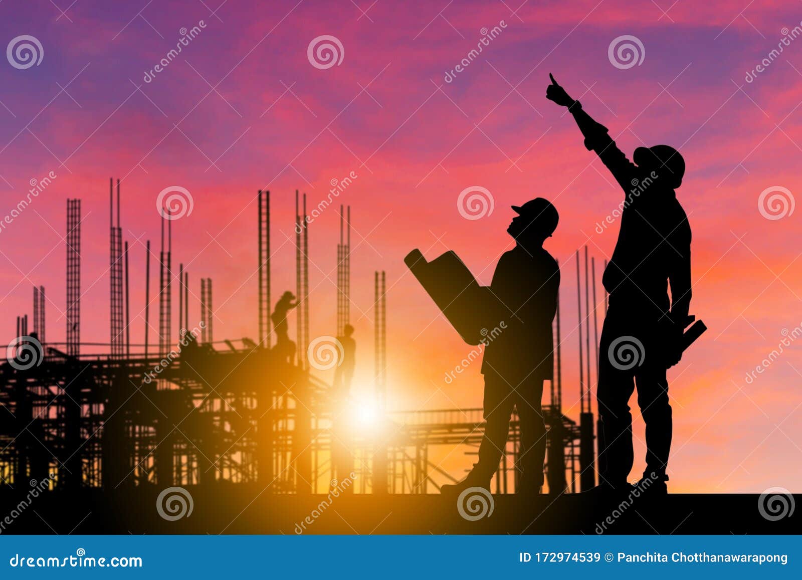 Silhouette of Engineer and Worker with Clipping Path on Building Site ...