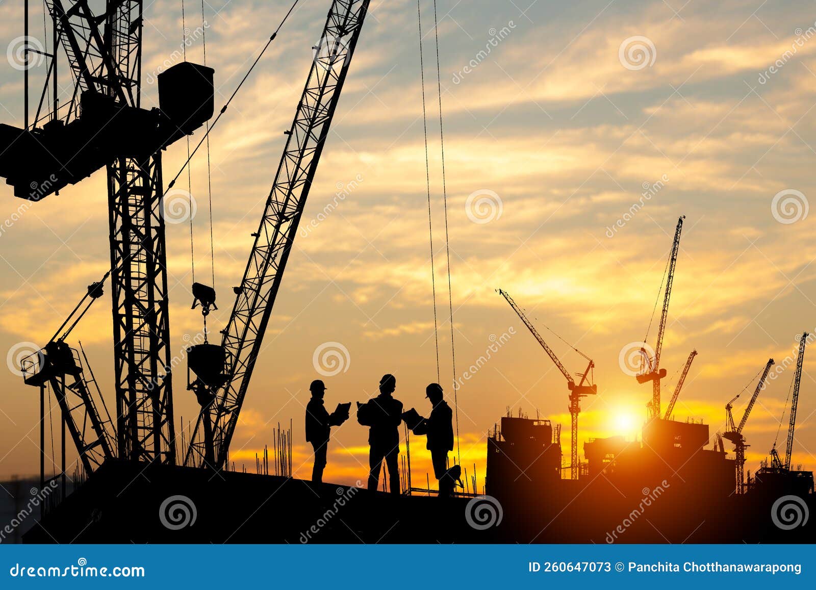 Silhouette of Engineer and Worker Team on Building Site, Construction ...