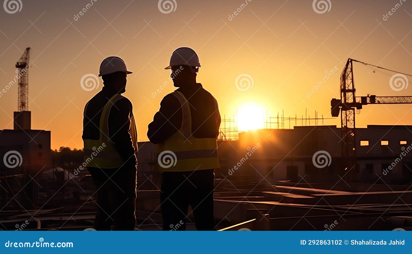 Silhouette of Engineers Working in the Construction Area at Sunset ...