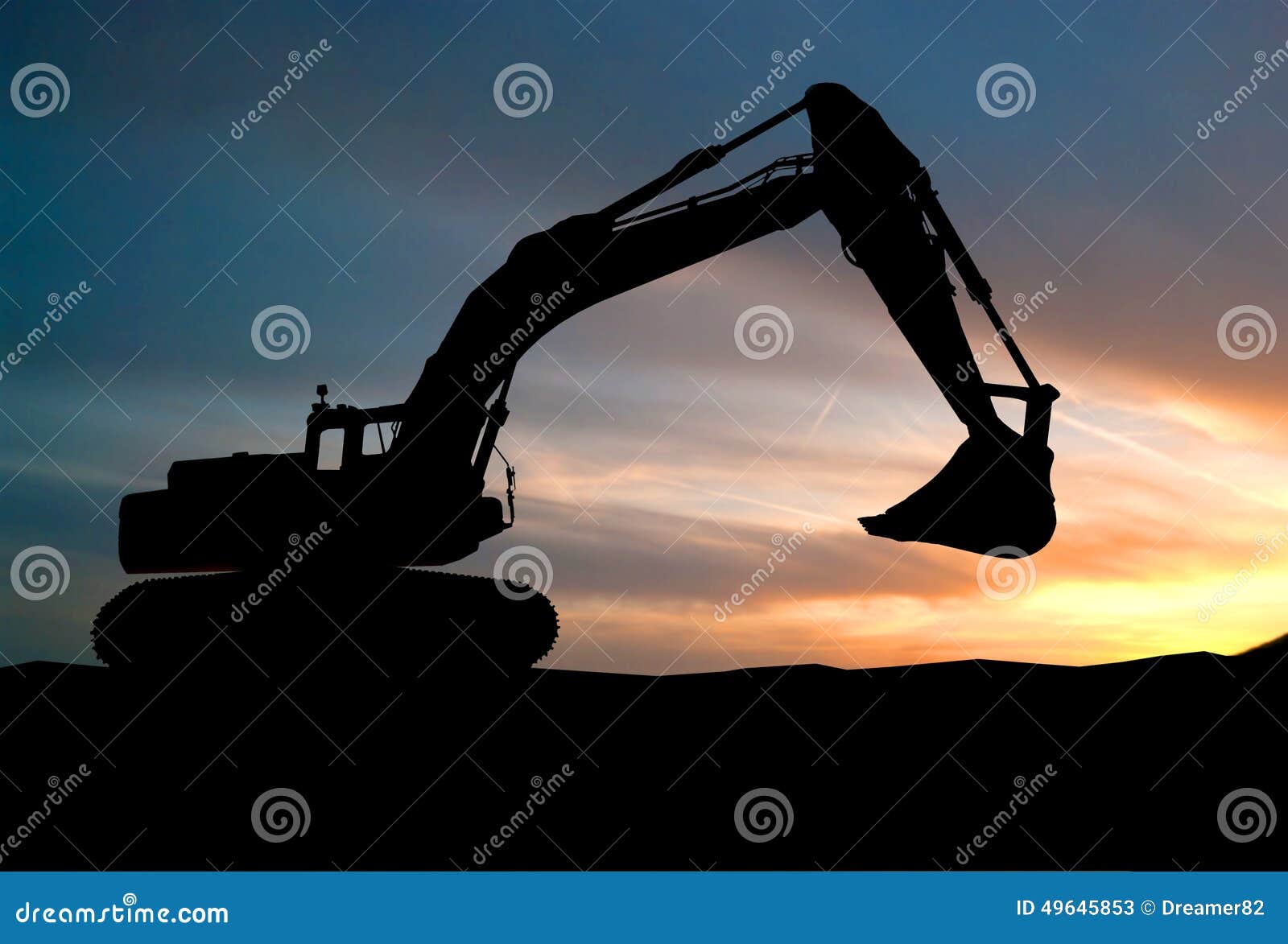 Silhouette of Excavator Loader at Construction Site with Raised Stock ...