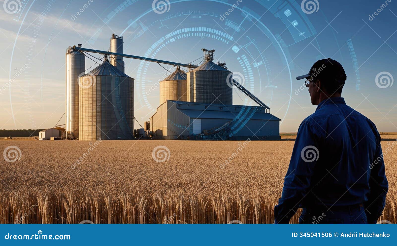 Silhouette of a Farmer with High-tech Grain Storage Visuals in Double ...