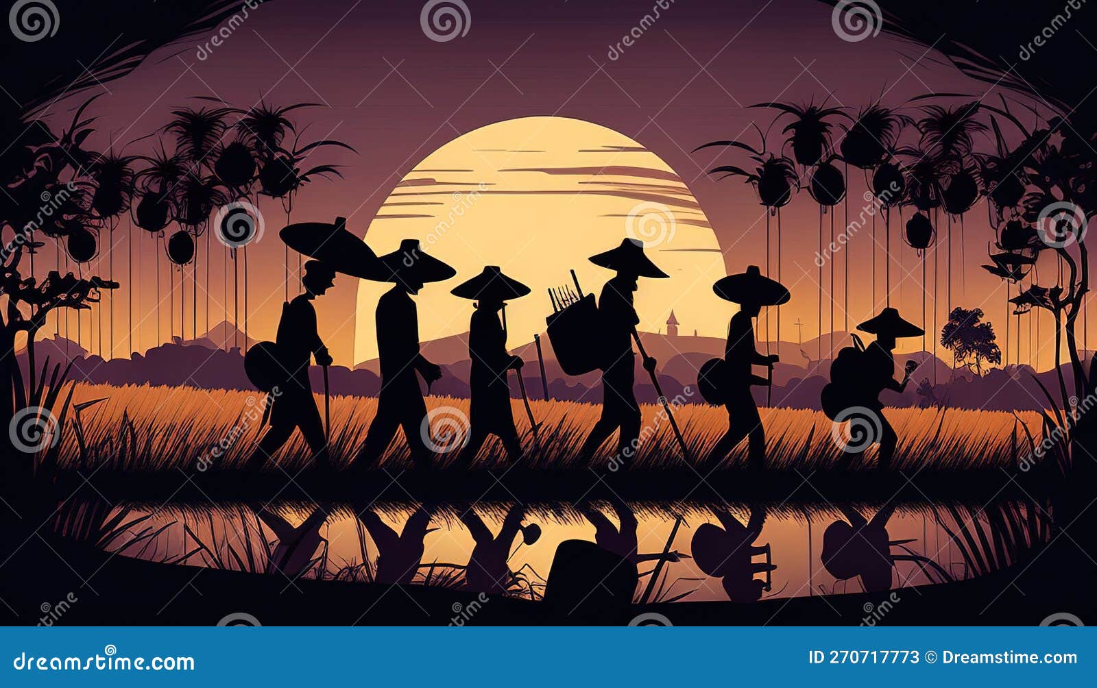 Silhouette Farmers Working on Rice Fields in Rural Landscape Stock ...