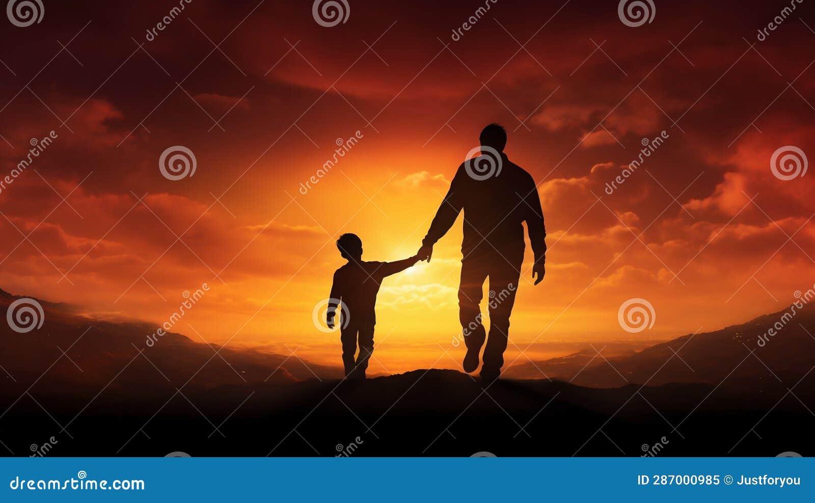 Silhouette Of Father And Son Walking Together During Sunset Generative