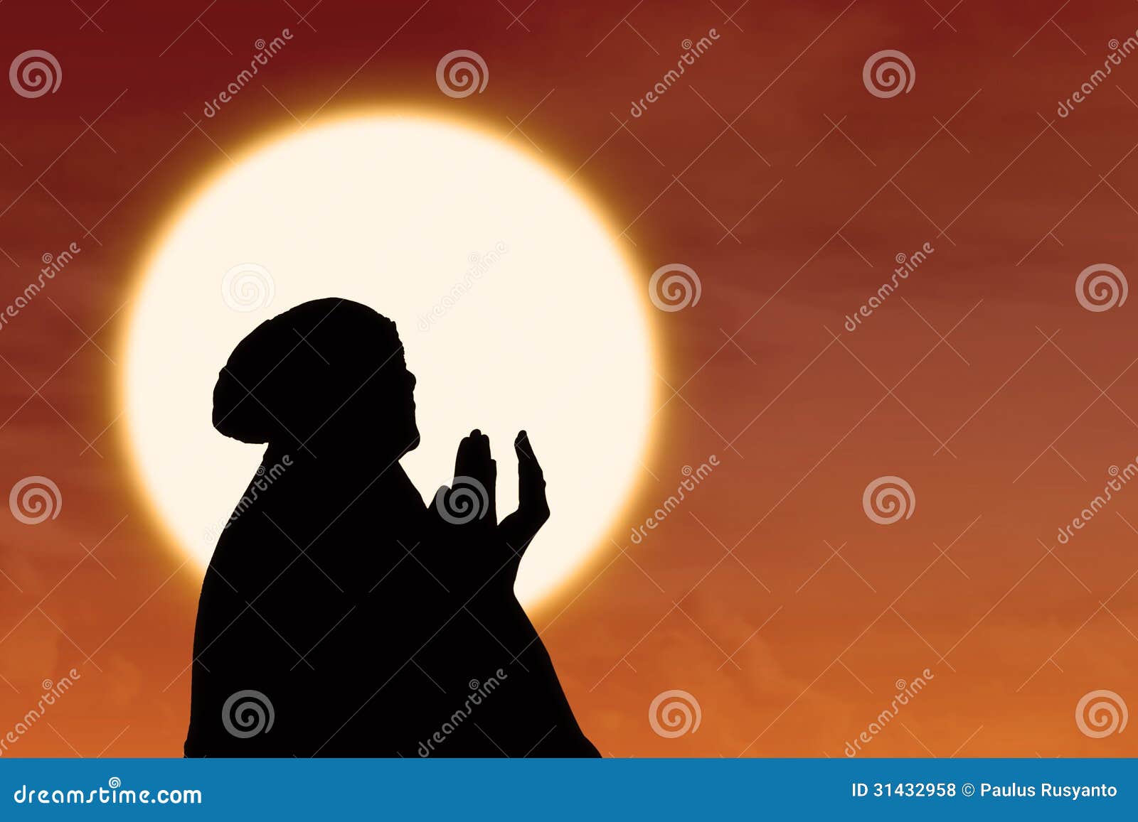 Silhouette of Female Muslim Pray at Sunset Stock Photo - Image of card ...