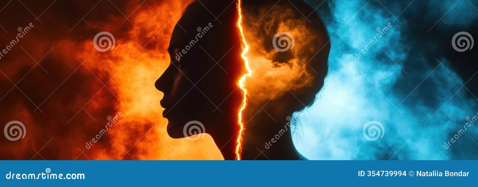 Silhouette of Female Profile with Dramatic Fire and Ice Background ...