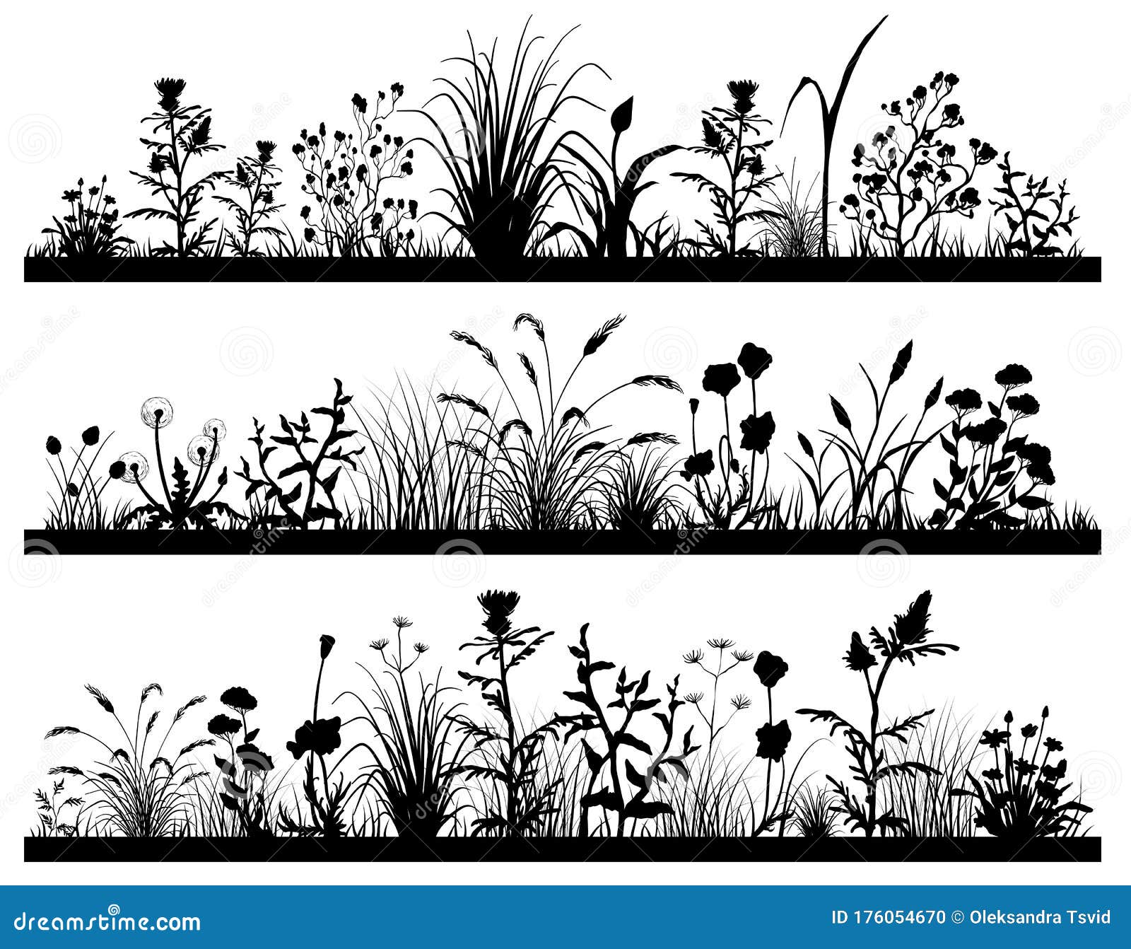 Silhouette of Field Flowers and Grass Landscape Set Stock Vector ...