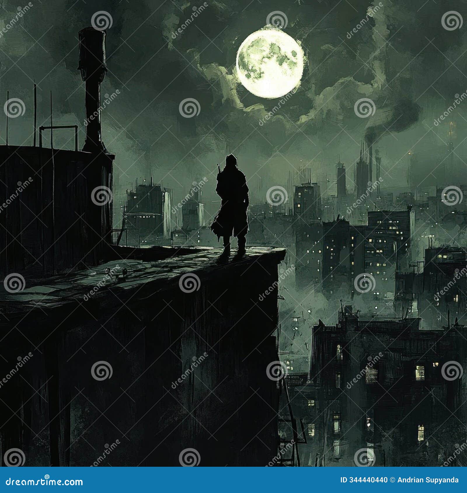 Silhouette of a Figure on a Rooftop Under a Full Moon Stock ...