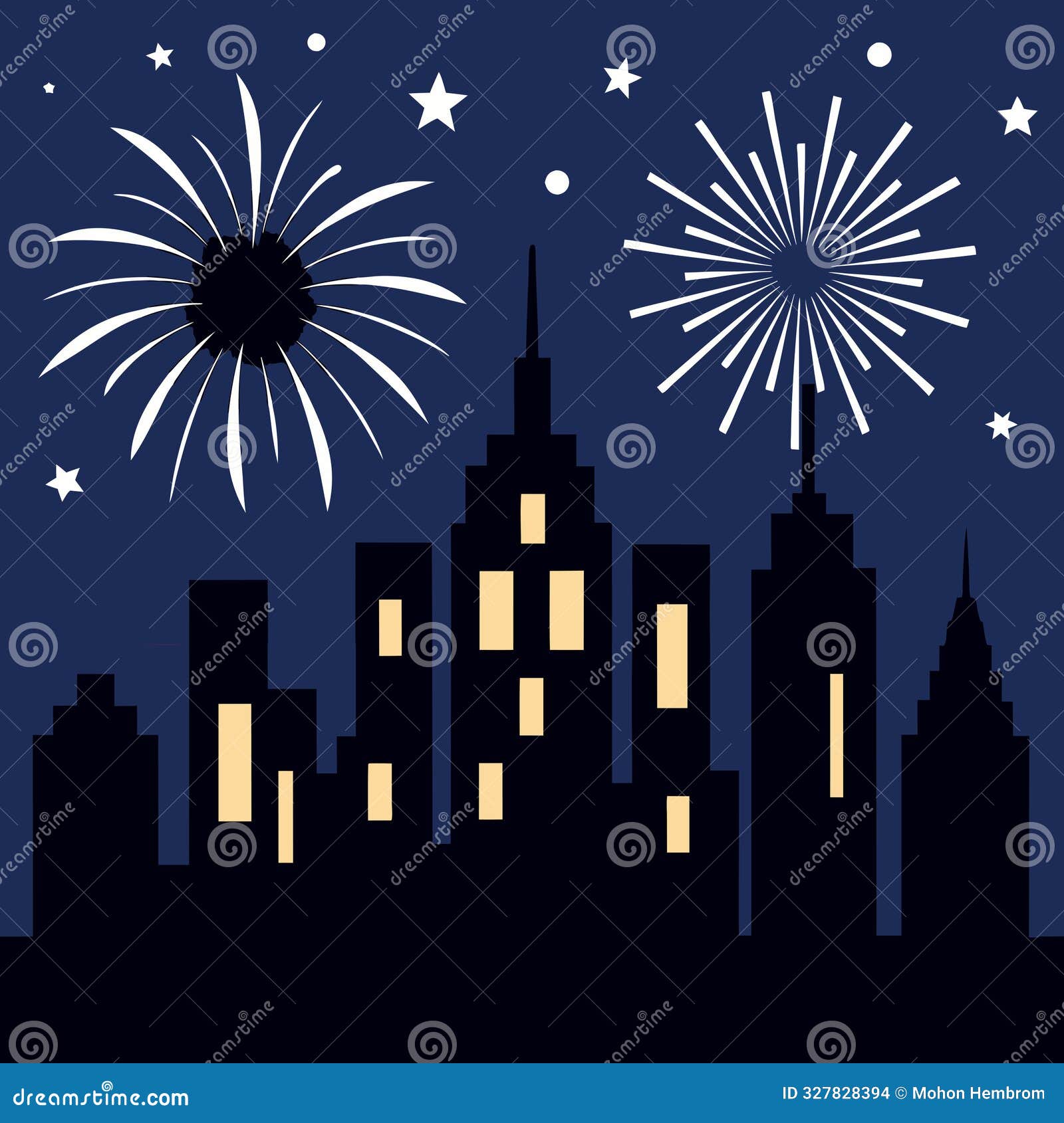 Silhouette of Fireworks Over City Skyline. Stock Vector - Illustration ...