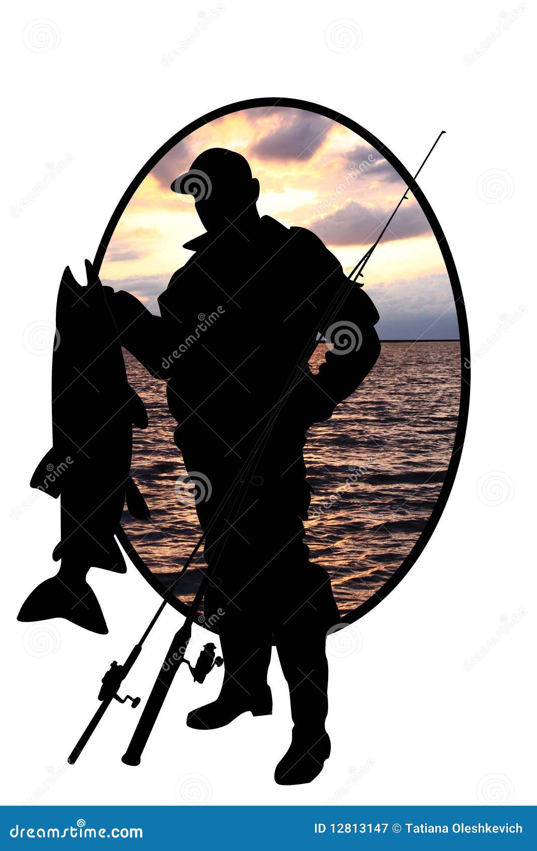 Silhouette Of Fisherman With A Fish On A River Bac Royalty Free Stock ...