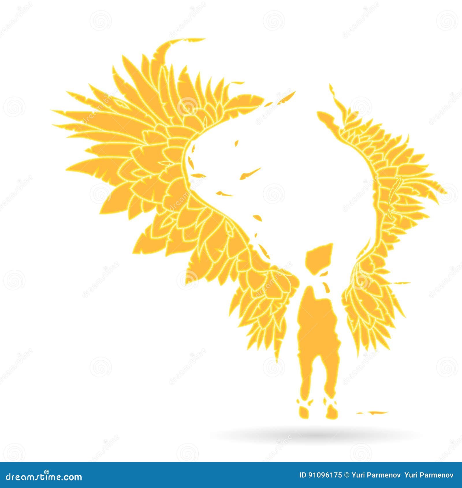 Silhouette of an Flame Angel, with Large Expanded Wings - on a White ...
