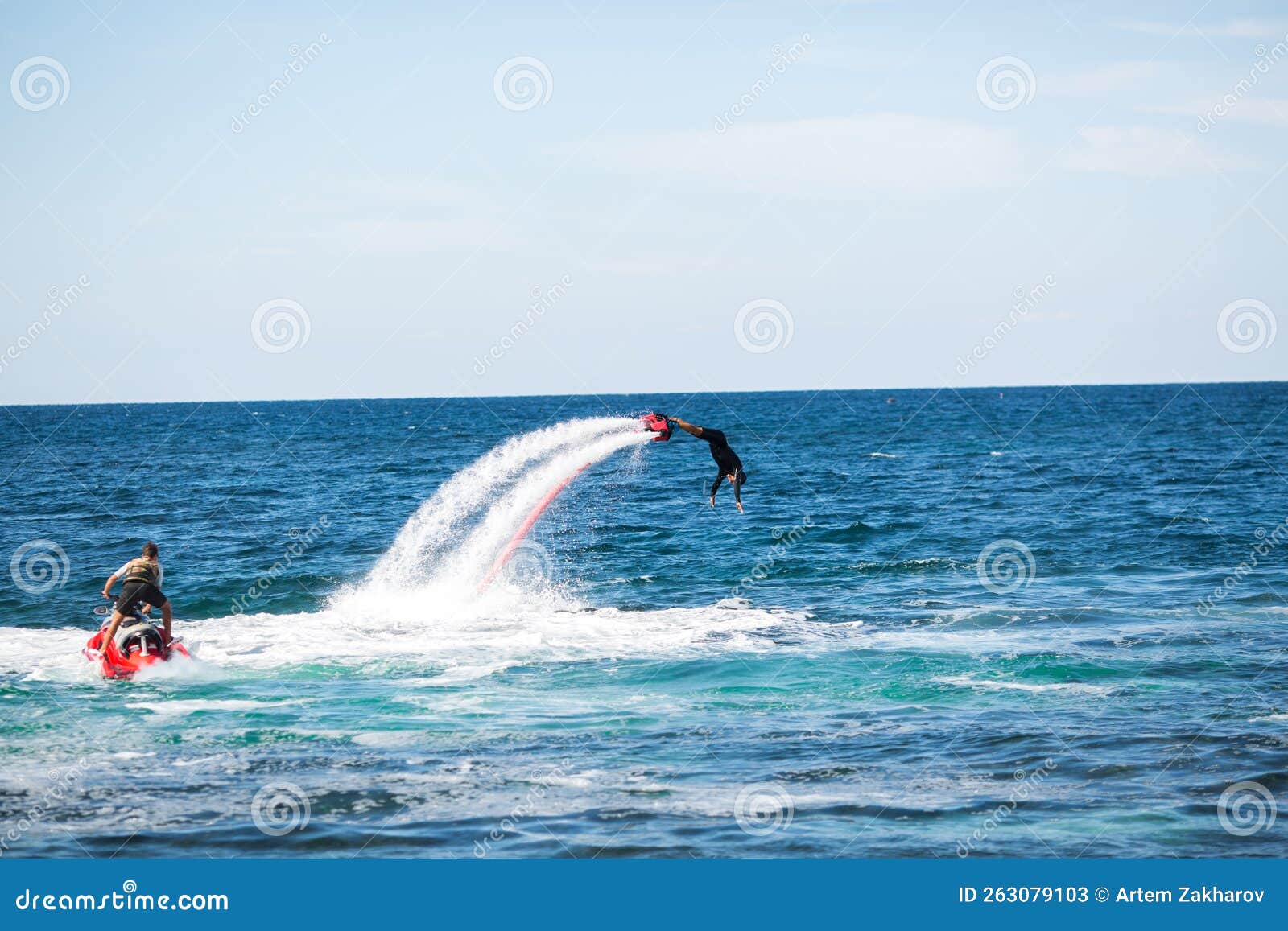 Silhouette of a Fly Board Rider at Sea. Stock Image - Image of pack ...