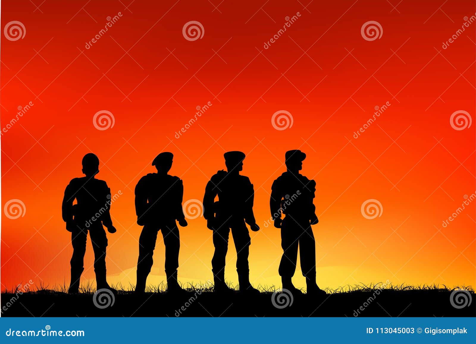 Silhouette of Four Soldier, Low Angle Perspective, at Sunset or Sunrise ...