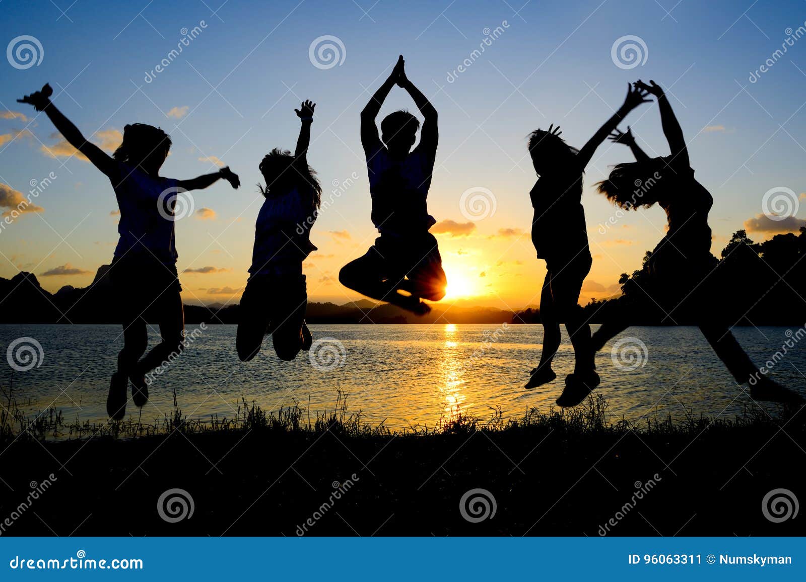 Silhouette of Friends Jumping in Sunset Stock Image - Image of together ...