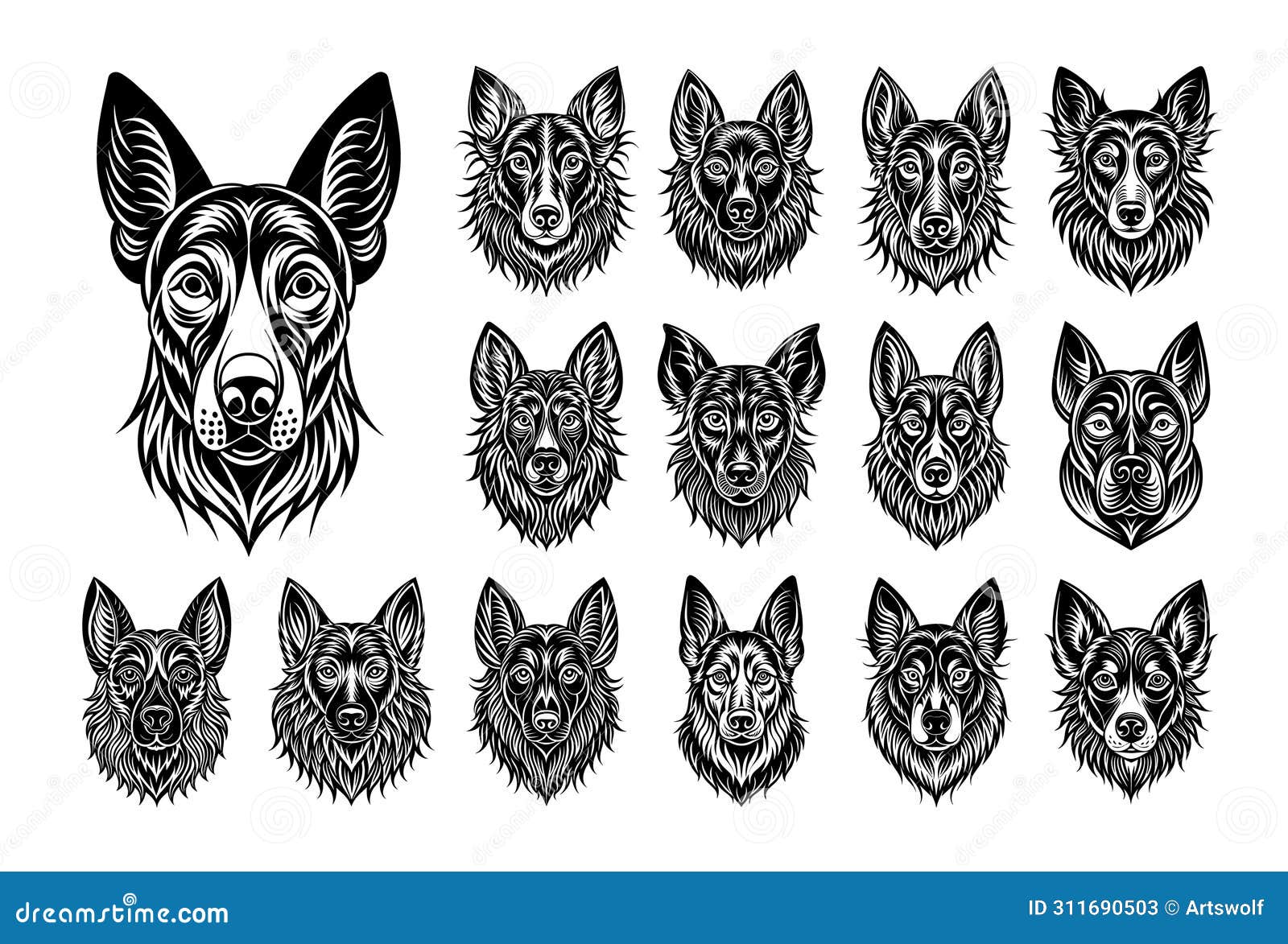 Silhouette of Front View Dog Head Design Vector Set Stock Illustration ...
