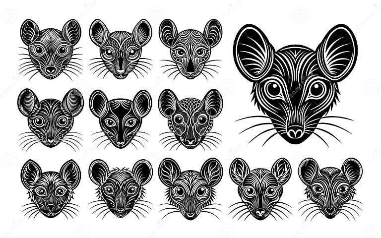 Silhouette of Front View Mouse Face Design Vector Set Stock ...