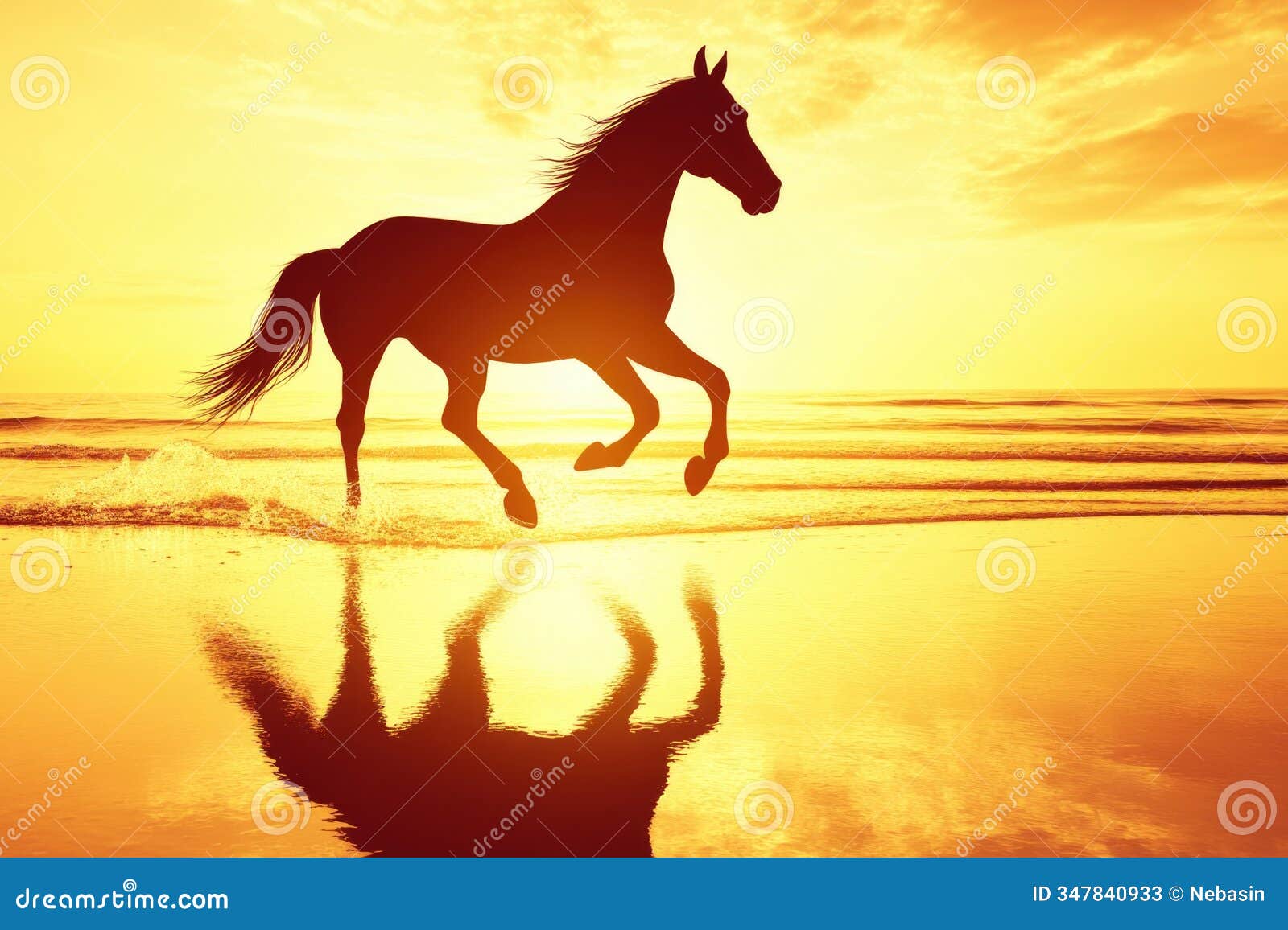 Silhouette of Galloping Horse Against Vibrant Sunset on Beach Stock ...