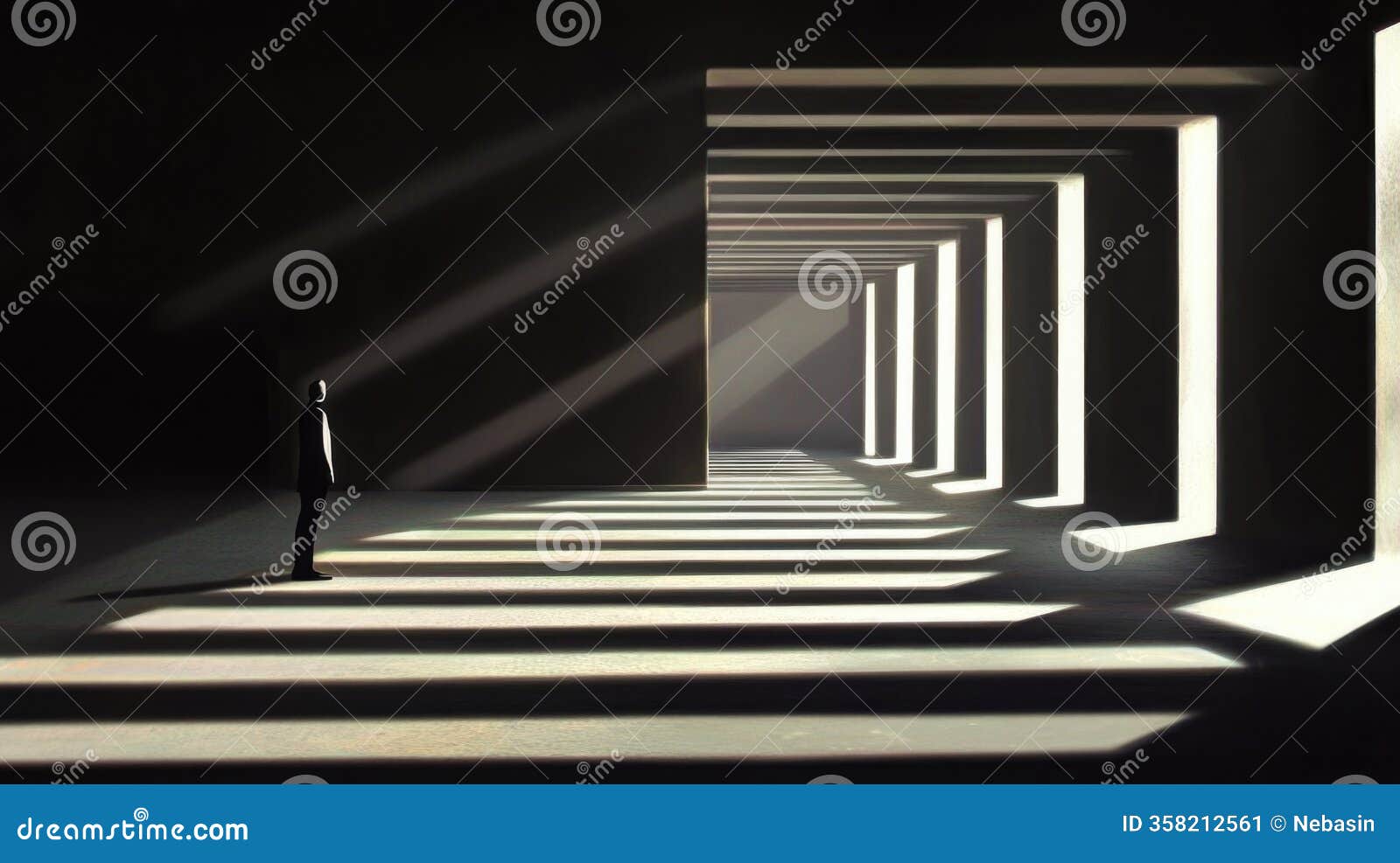 Silhouette in Geometric Light Tunnel with Shadows and Patterns Stock Illustration - Illustration ...