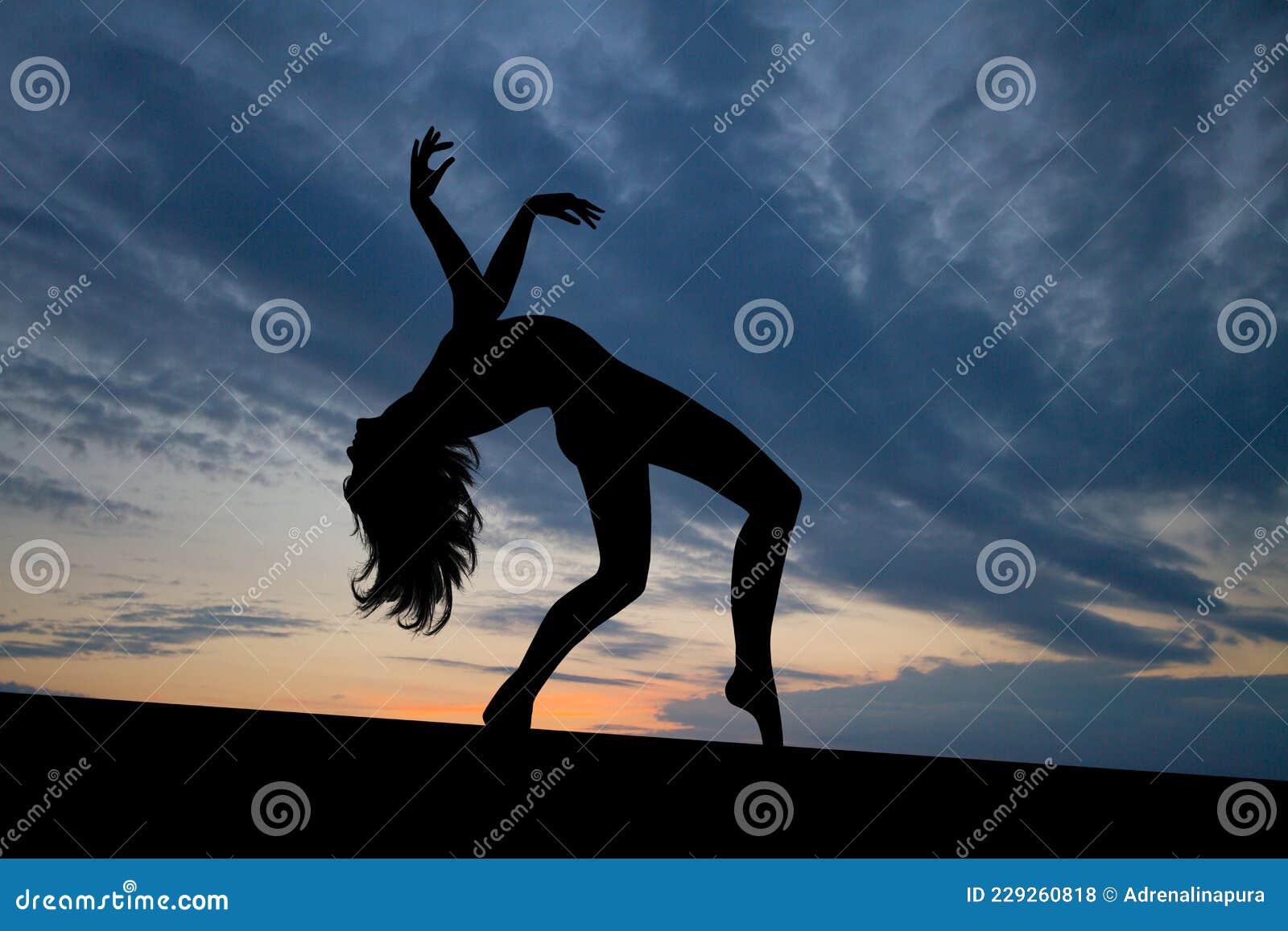 Silhouette of the Girl Dancing at Sunset Stock Illustration ...
