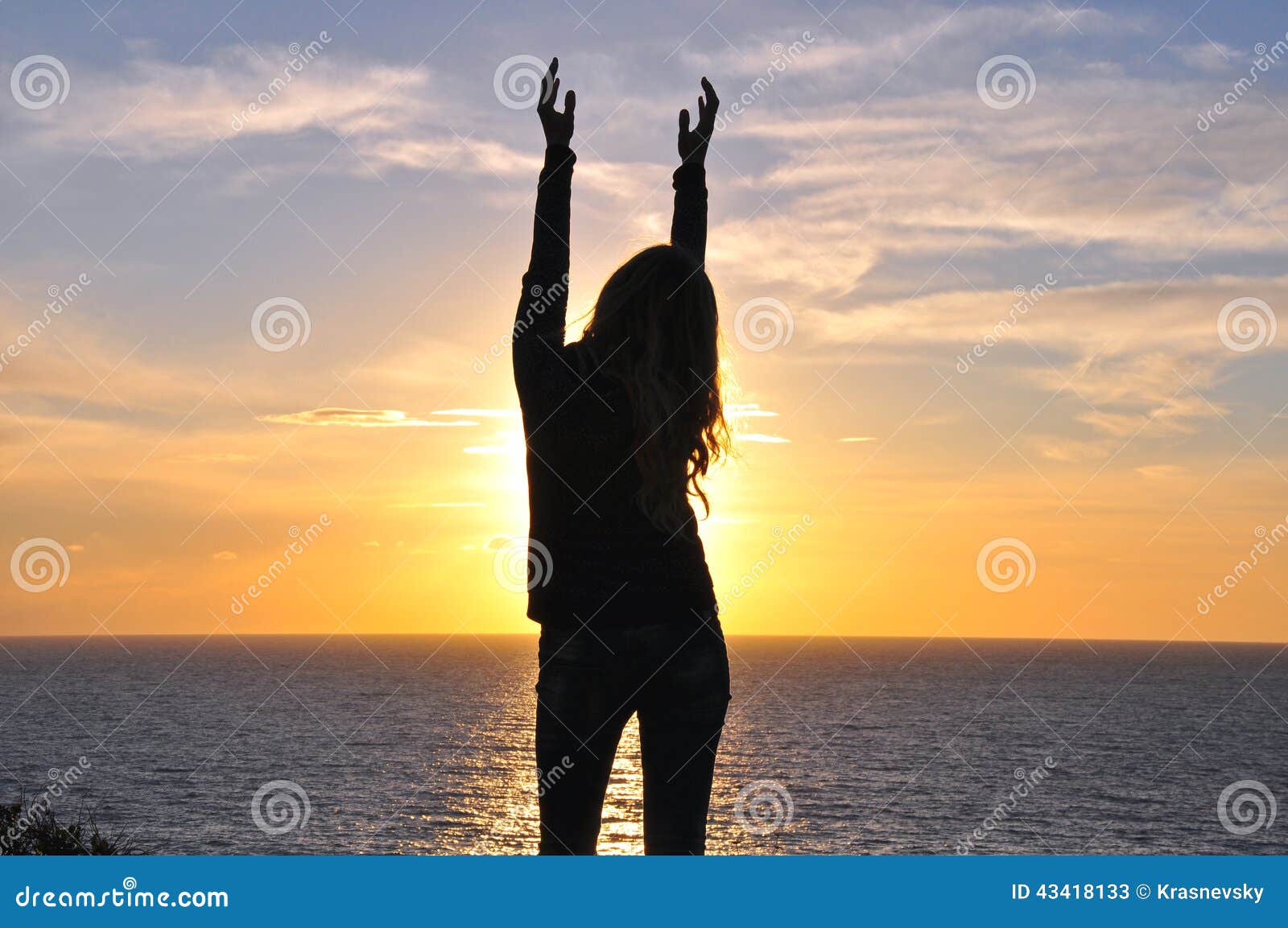 Silhouette of a Girl with Hands Up Stock Image - Image of sunset ...