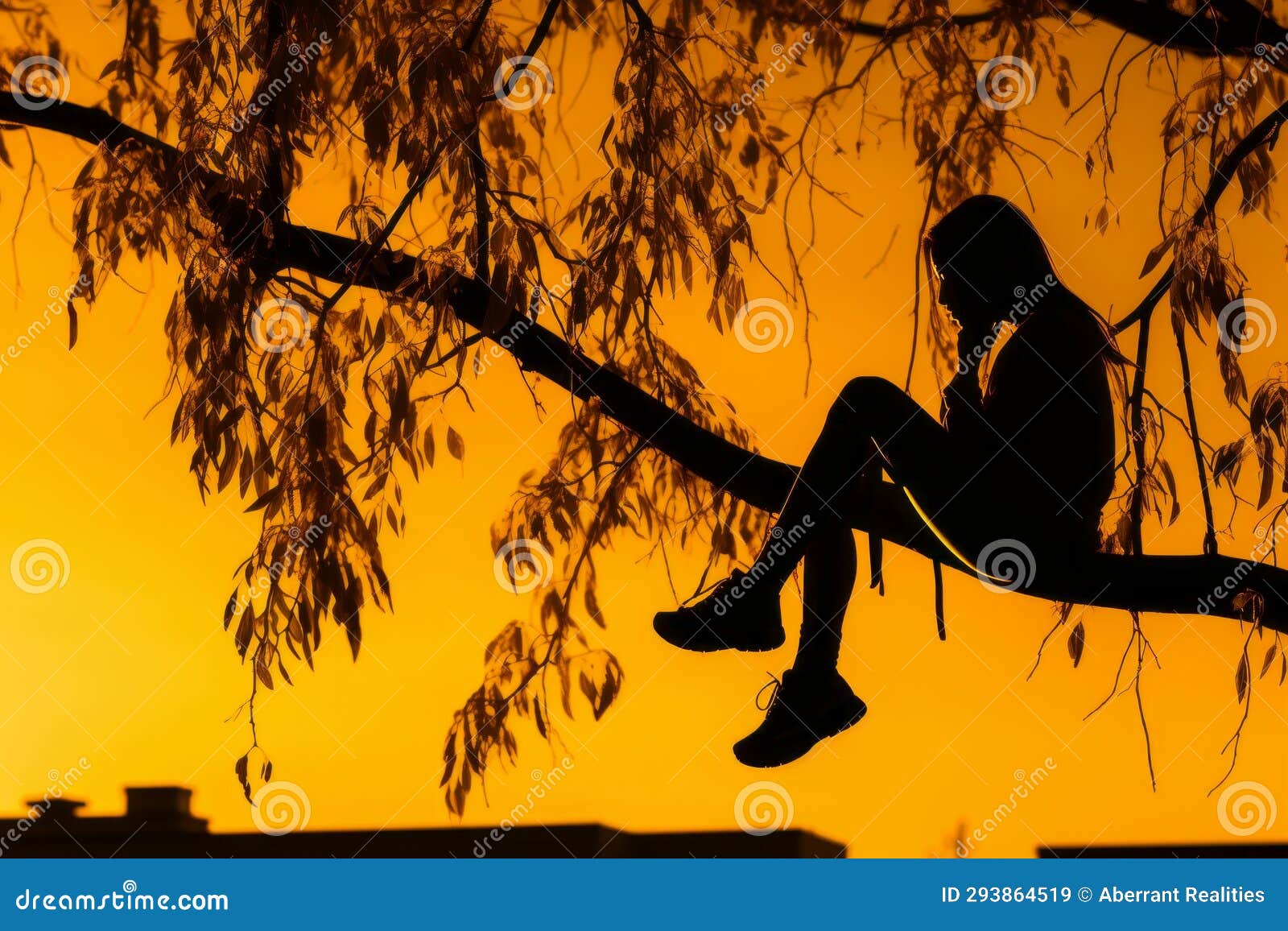 Silhouette of a Girl Sitting on a Tree Branch at Sunset Stock ...