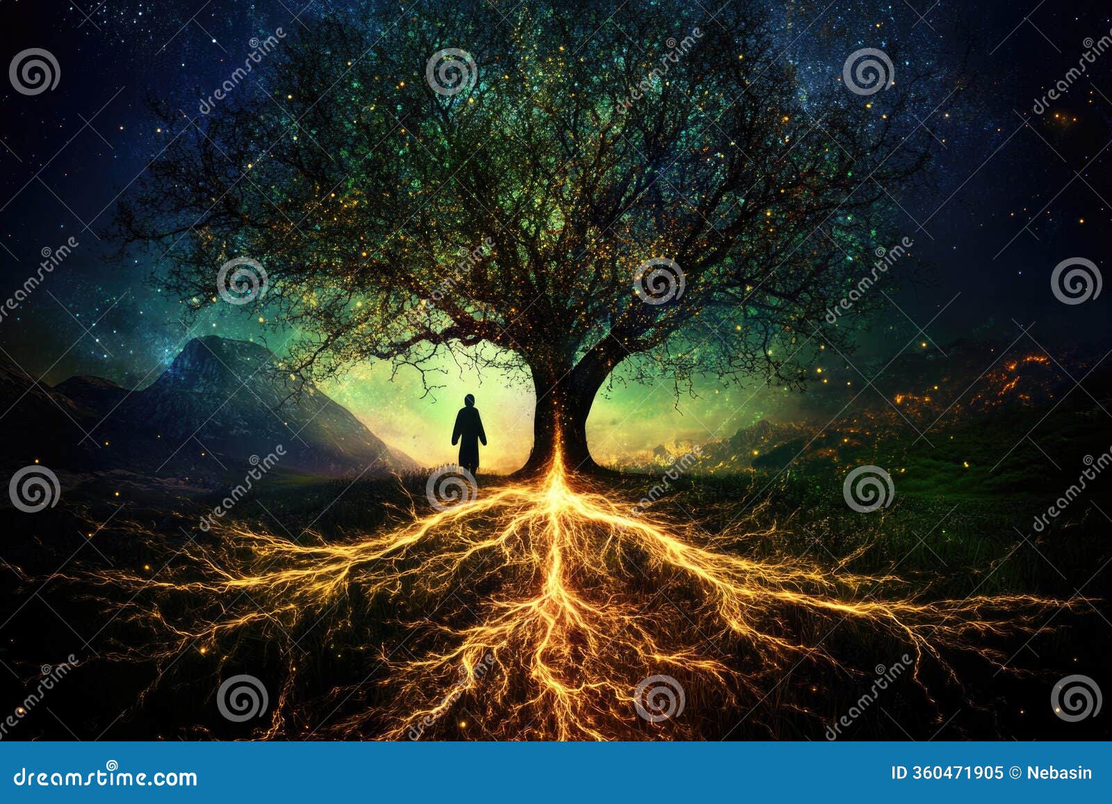 Silhouette by Glowing Tree and Roots in Starry Night Landscape Stock ...