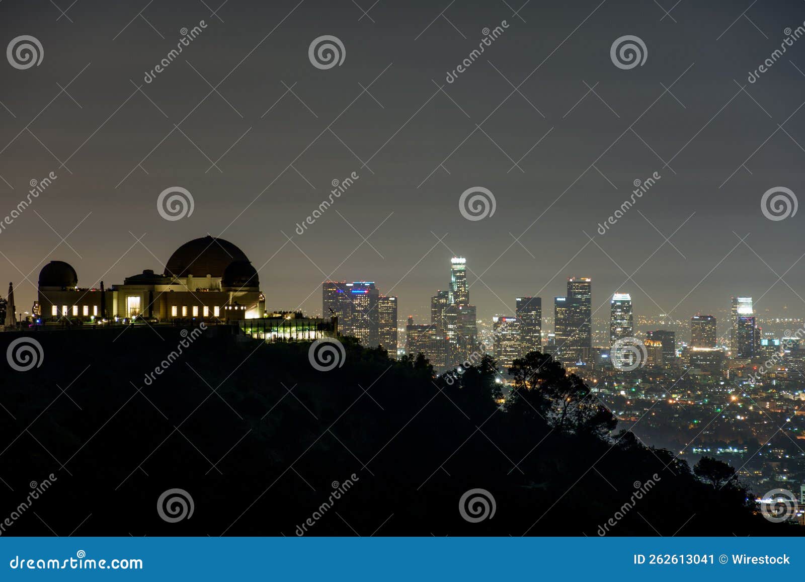 Silhouette of Griffith Observatory and the Night Lights of Downtown Los ...