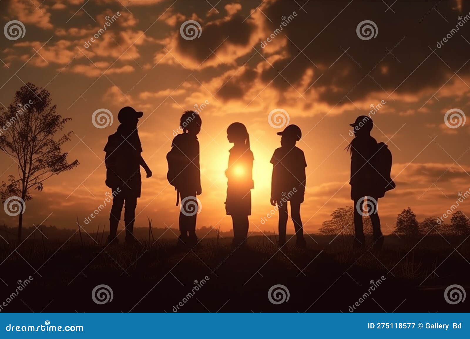 Silhouette of a Group of Children in the Field at Sunset Stock ...