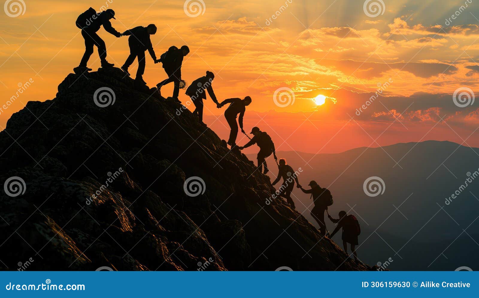 Silhouette of a Group of Climbers Climbing on the Top of a Mountain ... Silhouette of a Group of Climbers Climbing on the Top of a Mountain ...