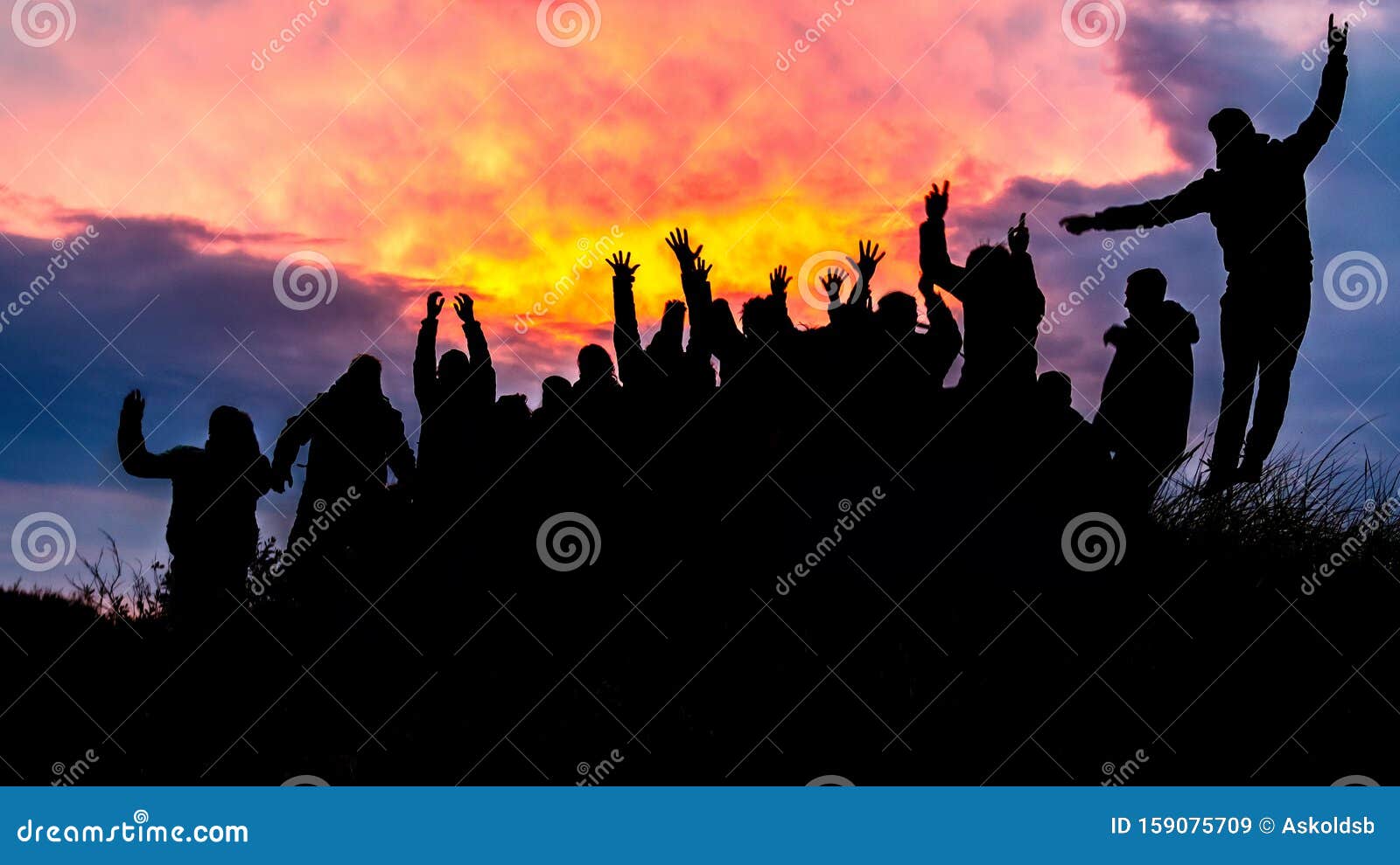 Silhouette, Group of Happy People Jumping in Sunset - Image Stock Image ...