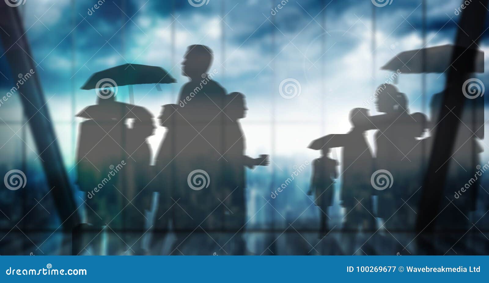 Silhouette of Group of People with Umbrellas Over Windows Transition ...
