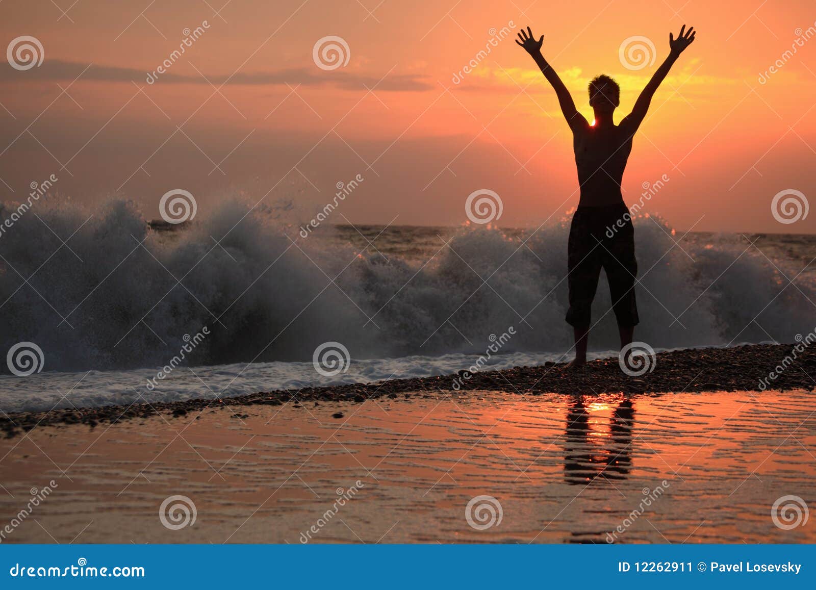 Silhouette Guy Lifted Hands Upwards on Sunset Stock Image - Image of ...