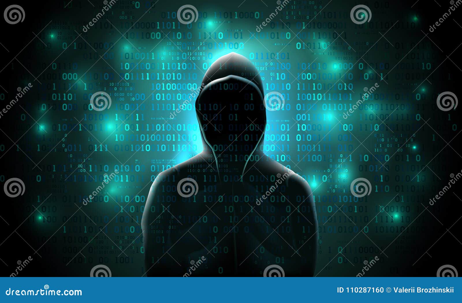 Silhouette Of A Hacker On A Background With Binary Code And Lights Hacking Of A Computer System
