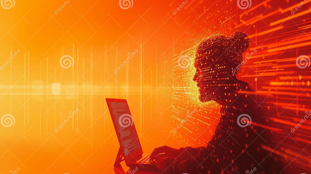 Silhouette of Hacker Coding on a Laptop in a Digital Matrix Stock Image ...