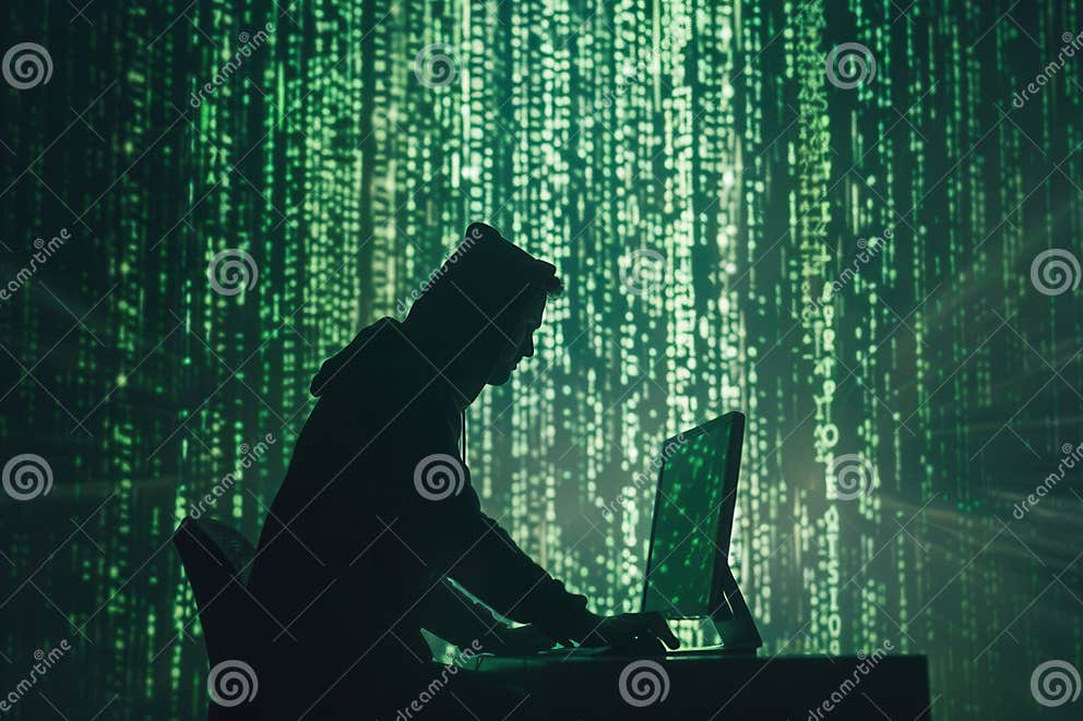 A Silhouette of a Hacker Focused on Coding, Illuminated by a Large Screen Displaying Green ...