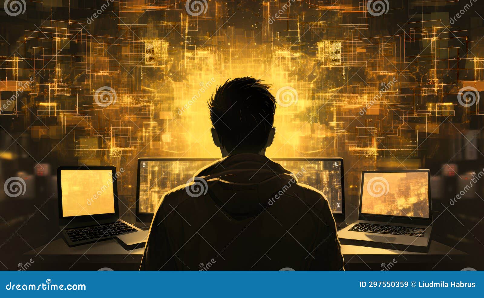 Silhouette of a Hacker in Front of Technology Background with Glowing ...