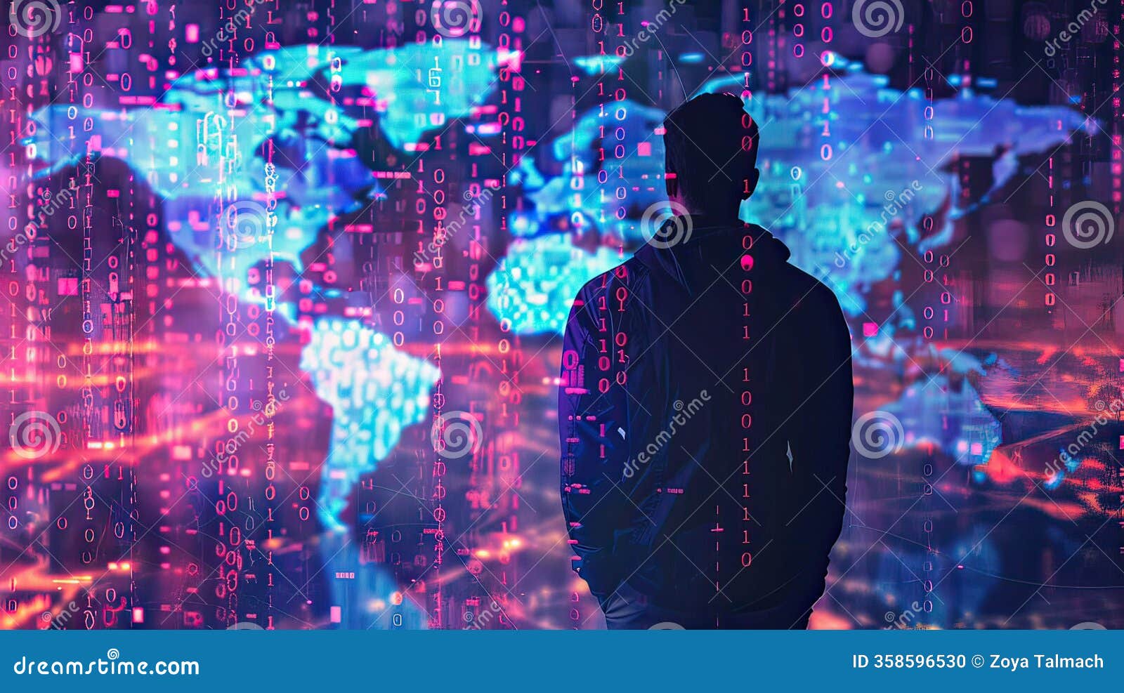Silhouette of a Hacker in Front of a World Map Stock Photo - Image of ...