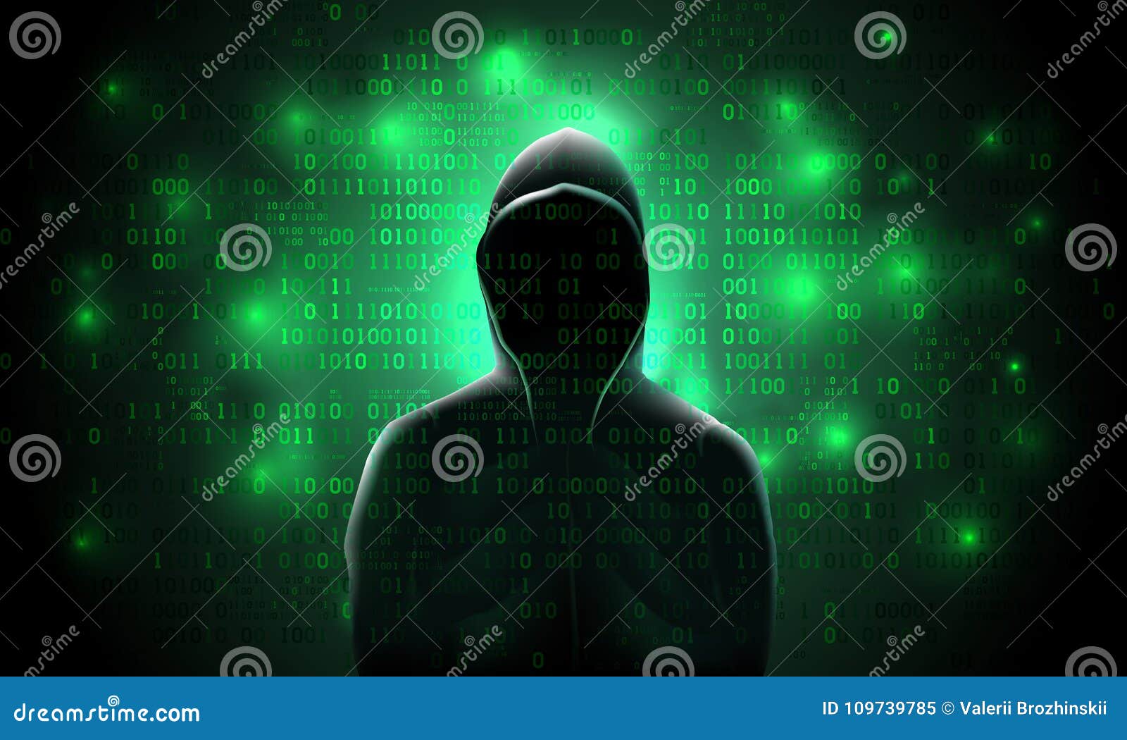 Silhouette Of A Hacker In A Hood Against A Background Of Glowing Green Binary Code Hacking Of