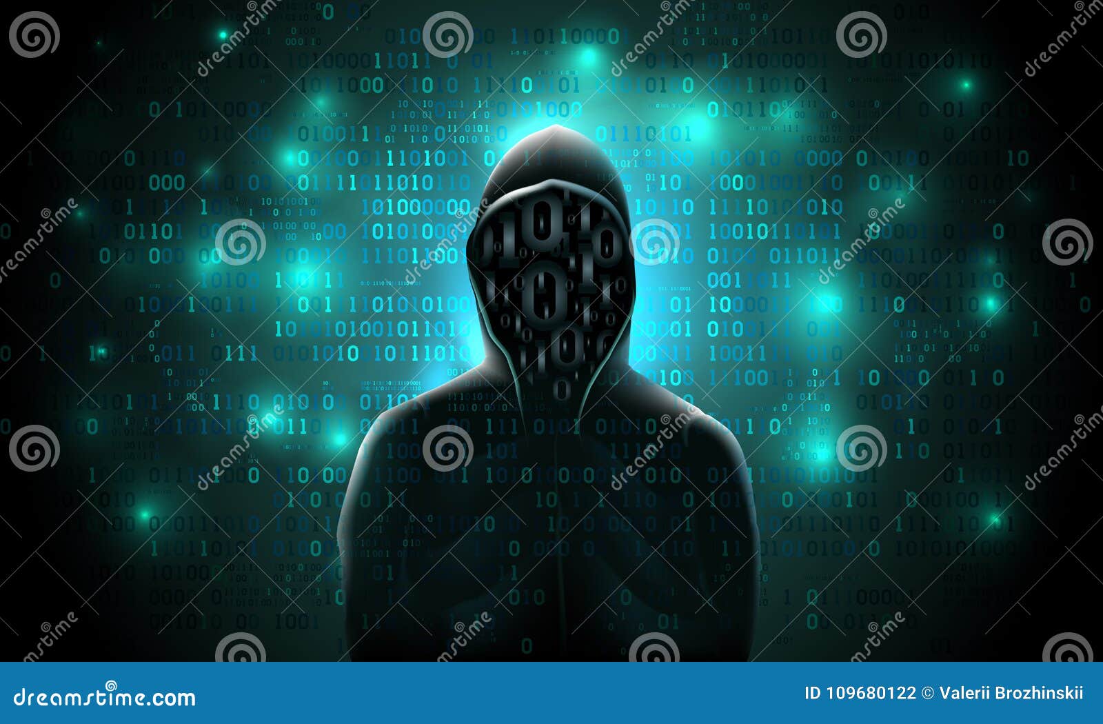 Silhouette Of A Hacker In A Hood With Binary Code On A Luminous Background Hacking Of A