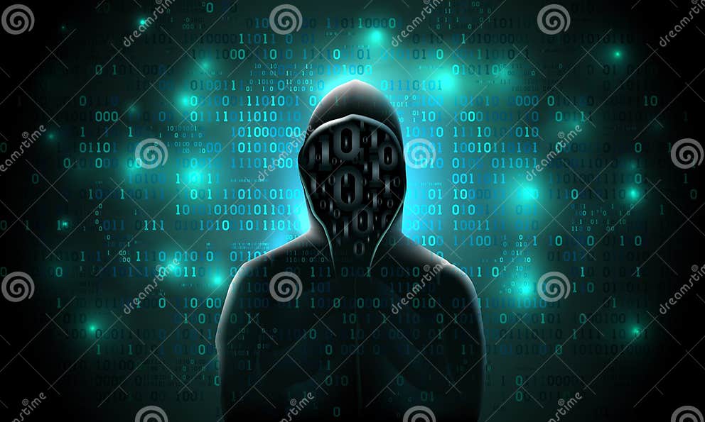 Silhouette of a Hacker in a Hood with Binary Code on a Luminous Background, Hacking of a ...