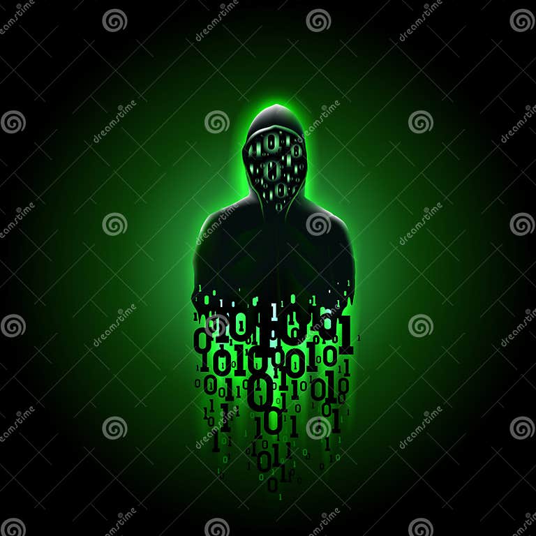 Silhouette of a Hacker in a Hood with Binary Code on a Luminous Green Background Stock Vector ...