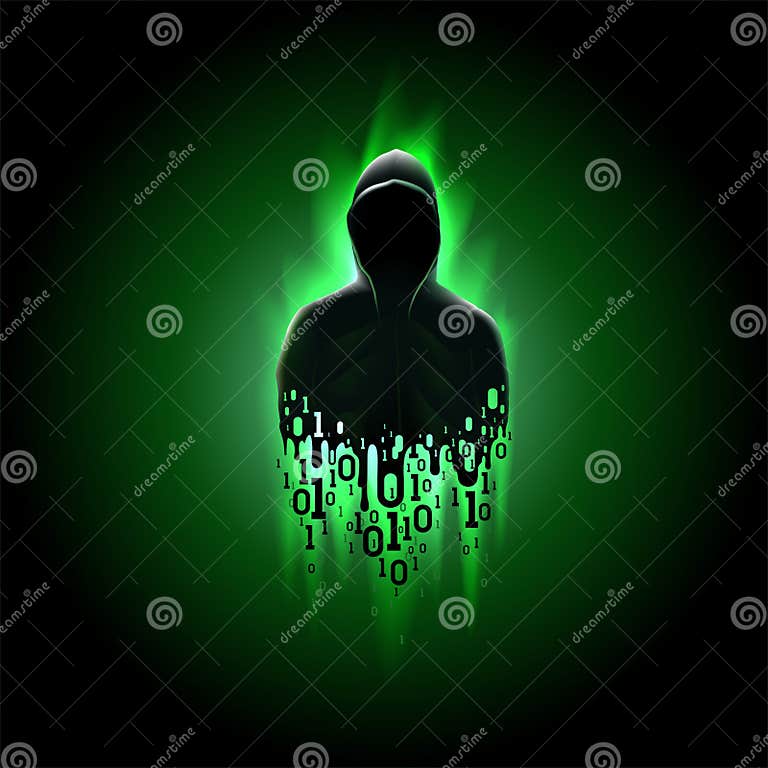 Silhouette of a Hacker with Binary Code on a Green Background, Hacking of a Computer System ...