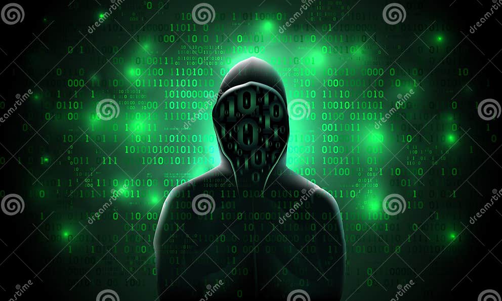 Silhouette of a Hacker in a Hood with Binary Code on a Luminous Green Background, Hacking, Theft ...