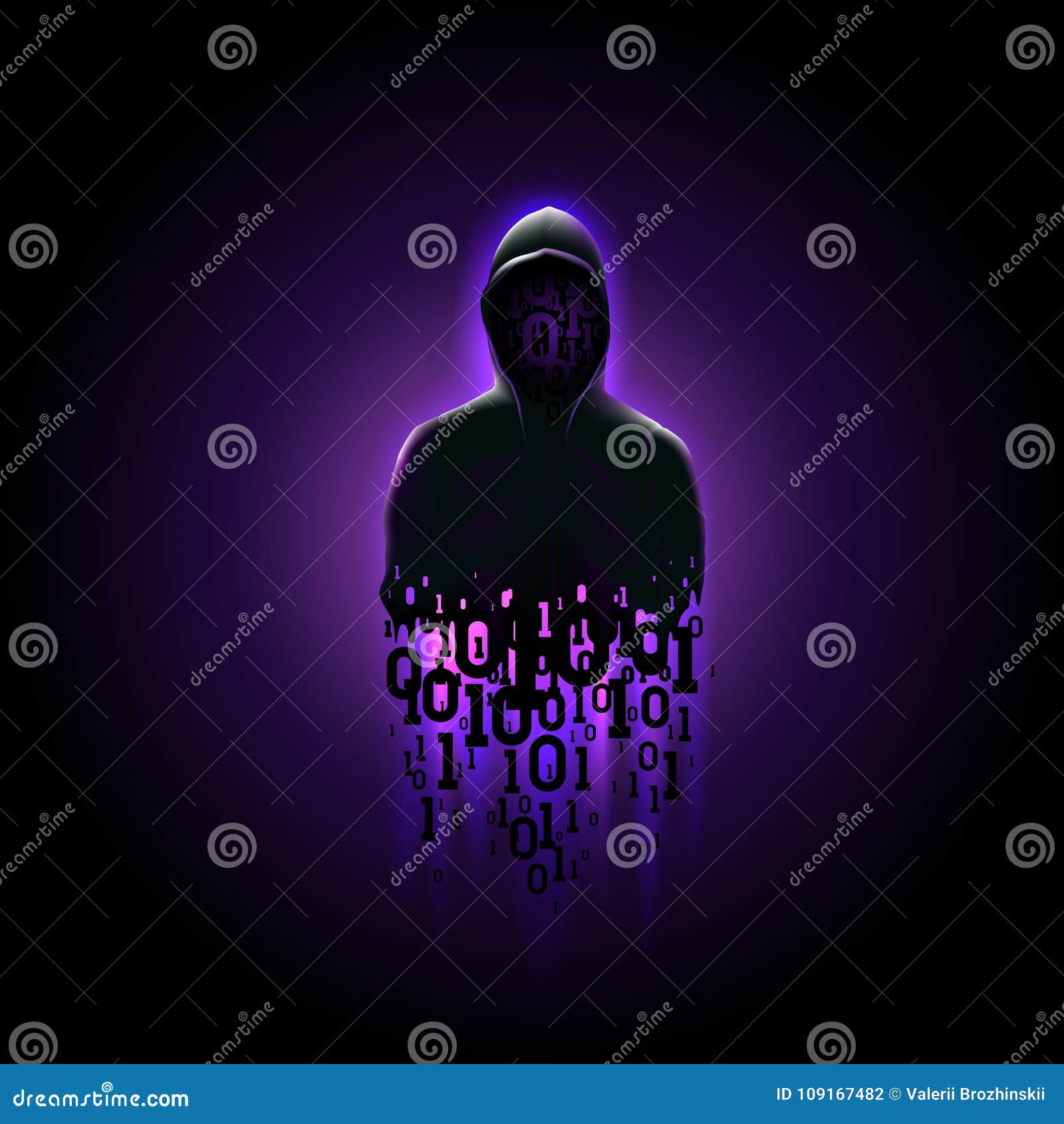 Silhouette Of A Hacker In A Hood With Binary Code On A Luminous Purple Background Hacking Of A