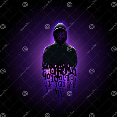 Silhouette of a Hacker in a Hood with Binary Code on a Luminous Purple ...