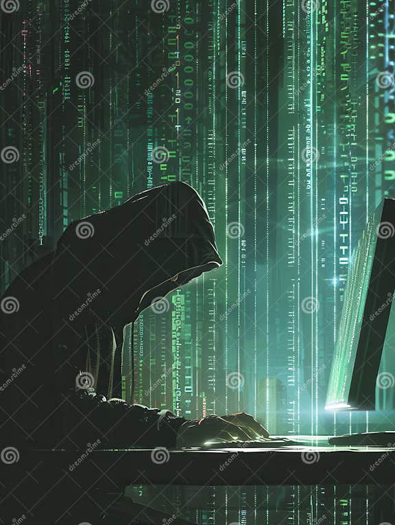 A Silhouette of a Hacker in a Hoodie Intensely Types on a Computer ...