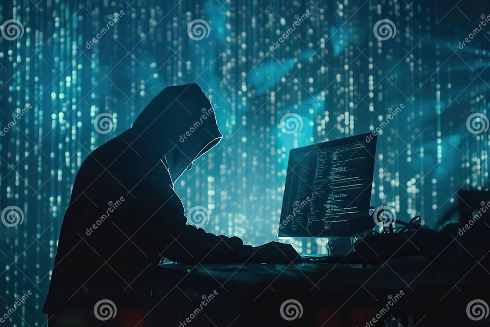 A Silhouette of a Hacker in a Hoodie Types Rapidly on a Computer ...