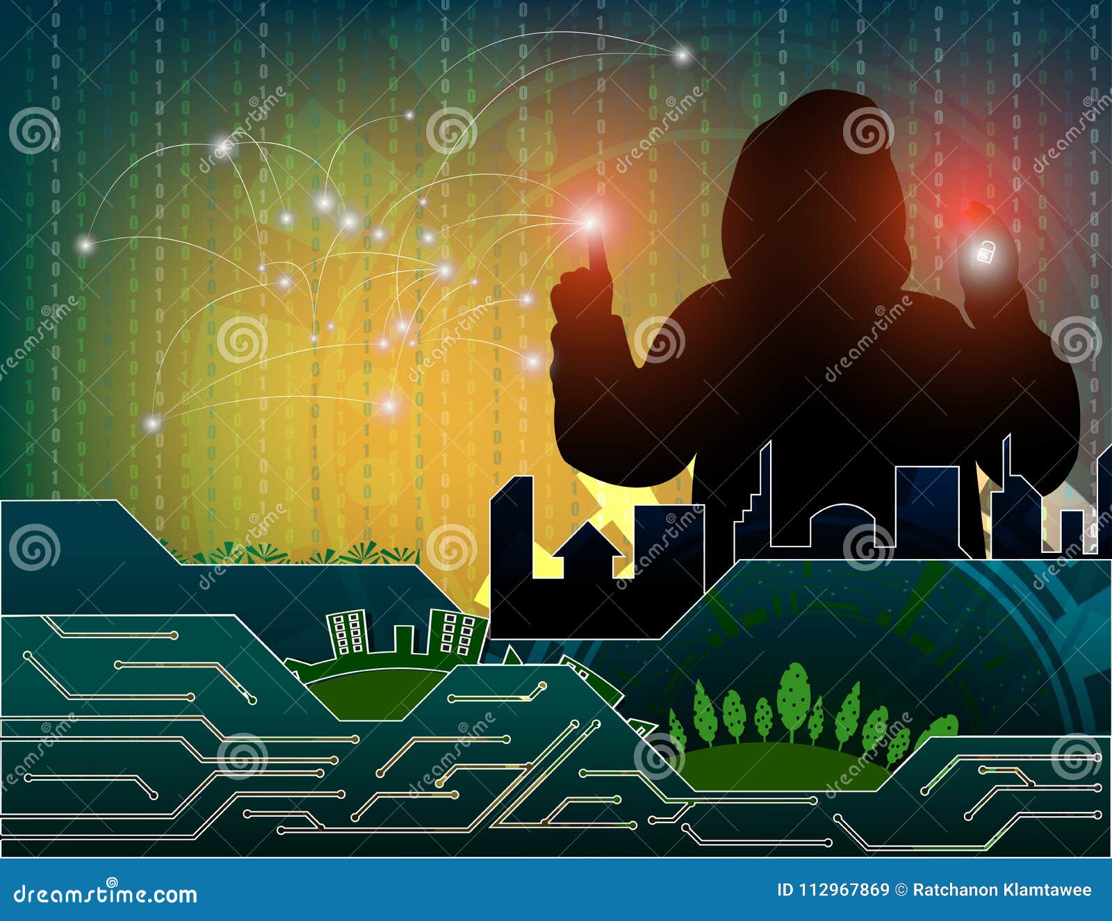 Silhouette Of A Hacker In A Hood With Binary Code On A Luminous Purple Background Hacking Of A