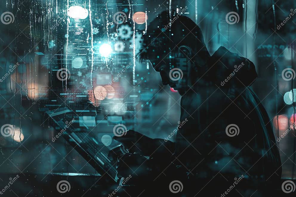 Silhouette of a Hacker Using a Digital Device with a Transparent ...